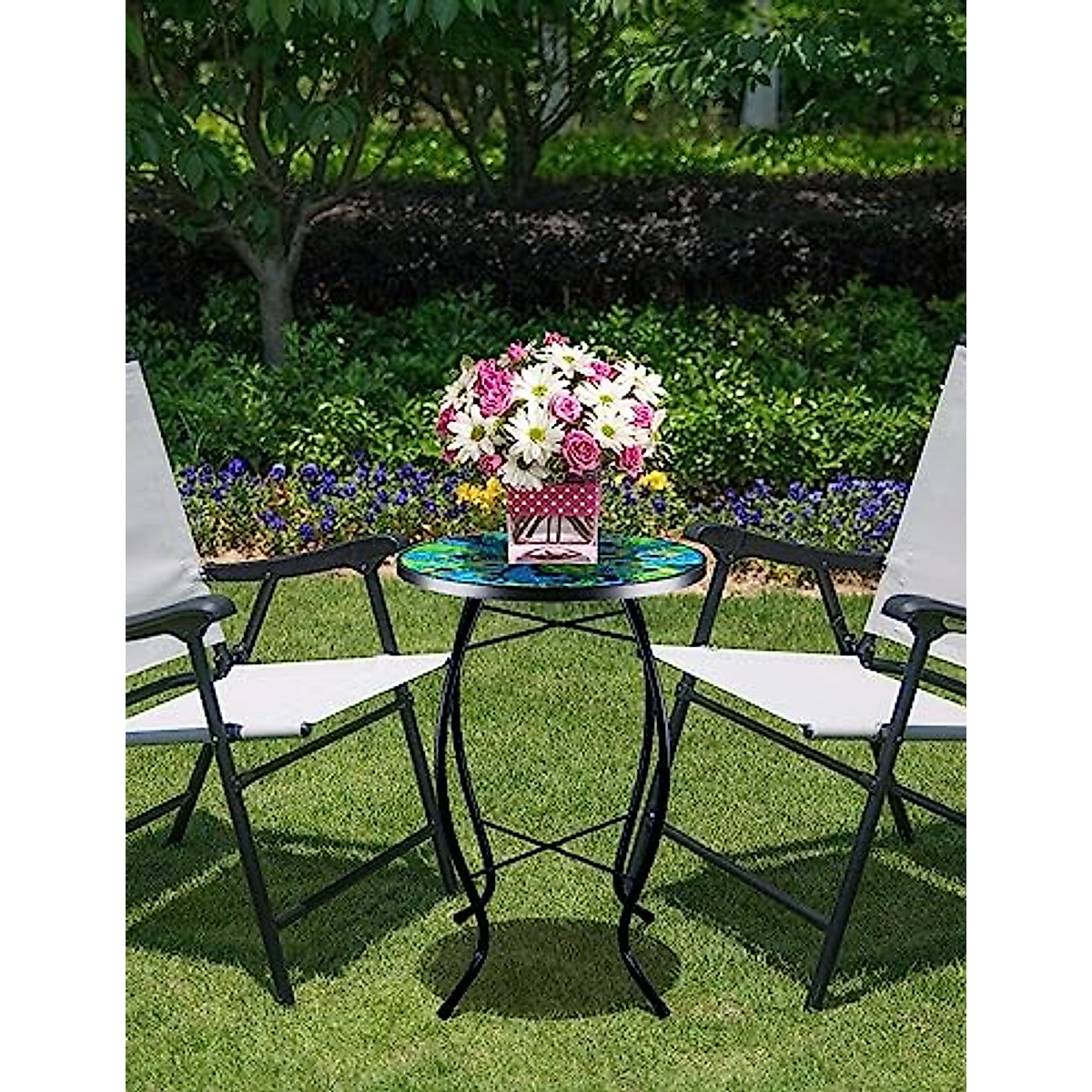 VCUTEKA Patio Side Table Plant Stands Outdoor Accent Table Small Mosaic Table Glass Top Round Balcony Coffee Table