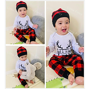 Baby Boys Girls Cute Deer Little Man Long Sleeve Plaid Clothes Outfit Set（0-3Moths）
