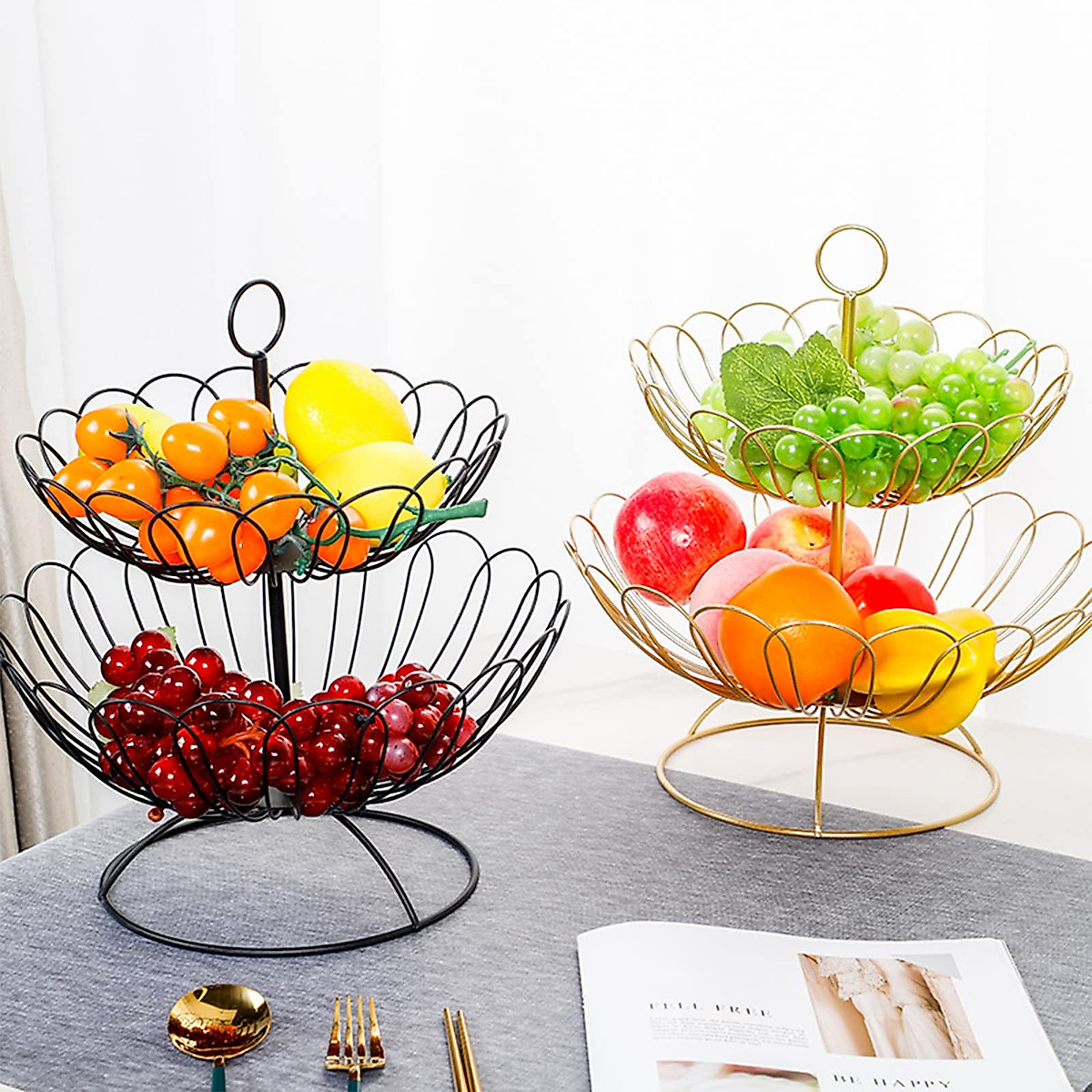 2 Tier Kitchen Countertop Fruit Basket Bowl for Bread Vegetables Snack Storage, Removable Organizer Shelf Storage Rack, Modern Design Tiered Fruit Holder Stand，for Gifts Home Party（black）