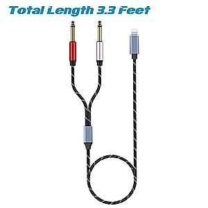 Lightning to Dual 6.35mm 1/4" TS Mono Stereo Y-Cable Splitter Lightning to Dual 1/4 inch Audio Cable Compatible for iPhone12/11/X/XS/XR/8/7/iPad,Amplifier, Speaker, Headphone, Mixing Console 3.3FT
