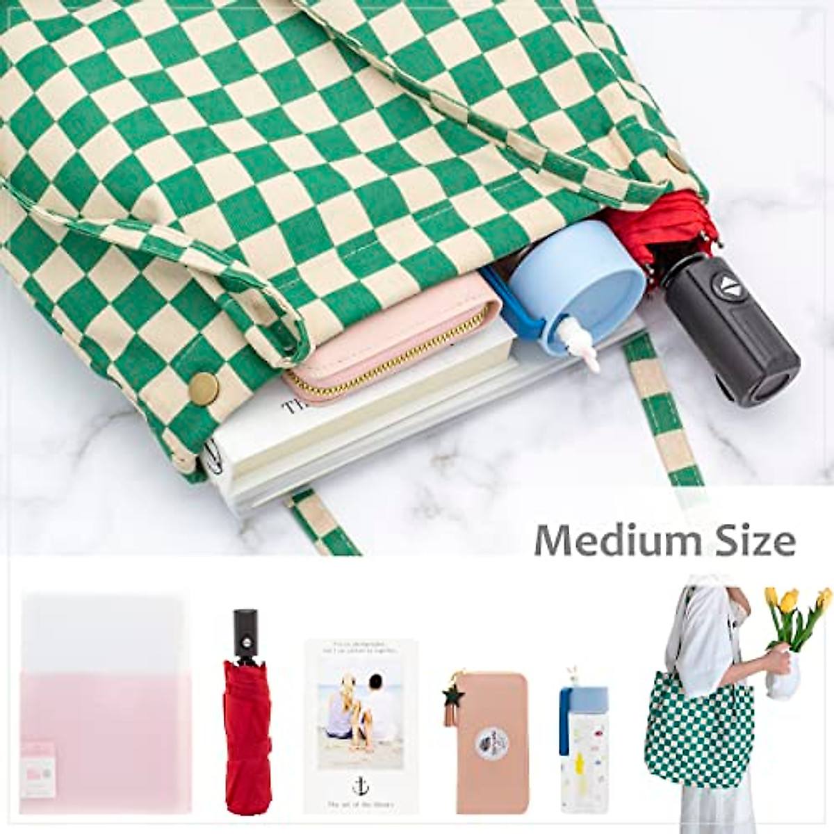 PAZIMIIK Corduroy Tote Bags for Women Reusable Grocery Shopping Shoulder Go-to Everyday Bag with Canvas Lining for Work Travel,Checkered Green