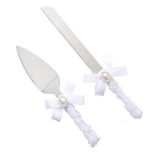 ATAILOVE Wedding Cake Knife and Server Set, White Lace Stainless Steel Cake Knife Serveing, Wedding Knife Set for Bride and Groom