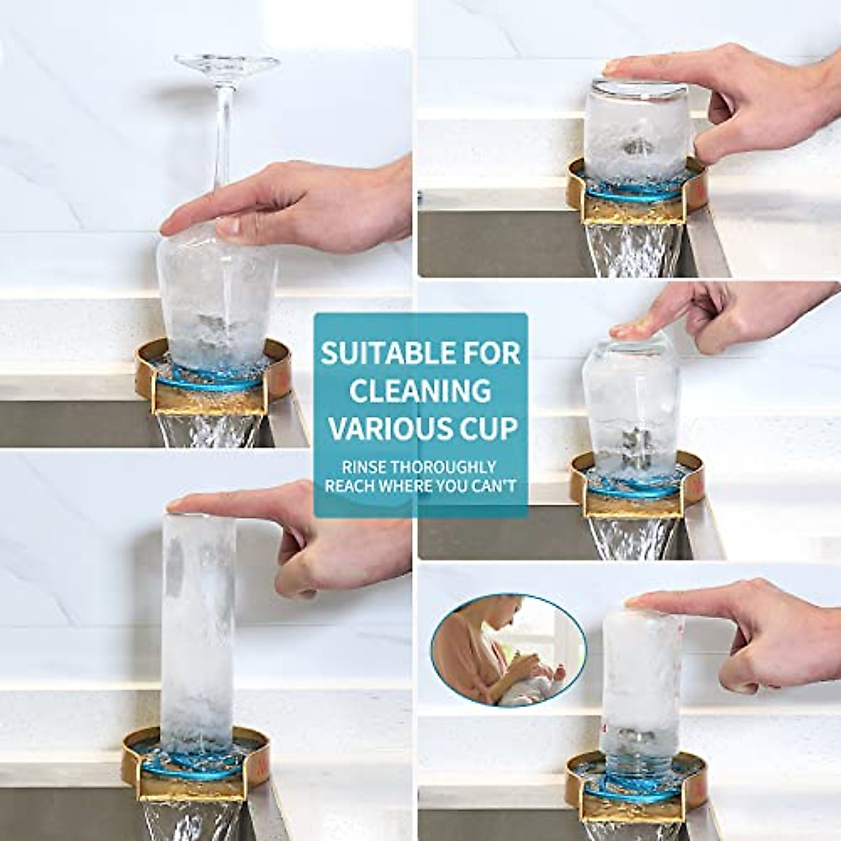 NOGARMY Glass Rinser for Kitchen Sink, Metal Cup Washer Rinser with 360° Rotating Jet, Faucet Glass Bottle Cleaner, Kitchen & Bar Sink Automatic Flushing Device