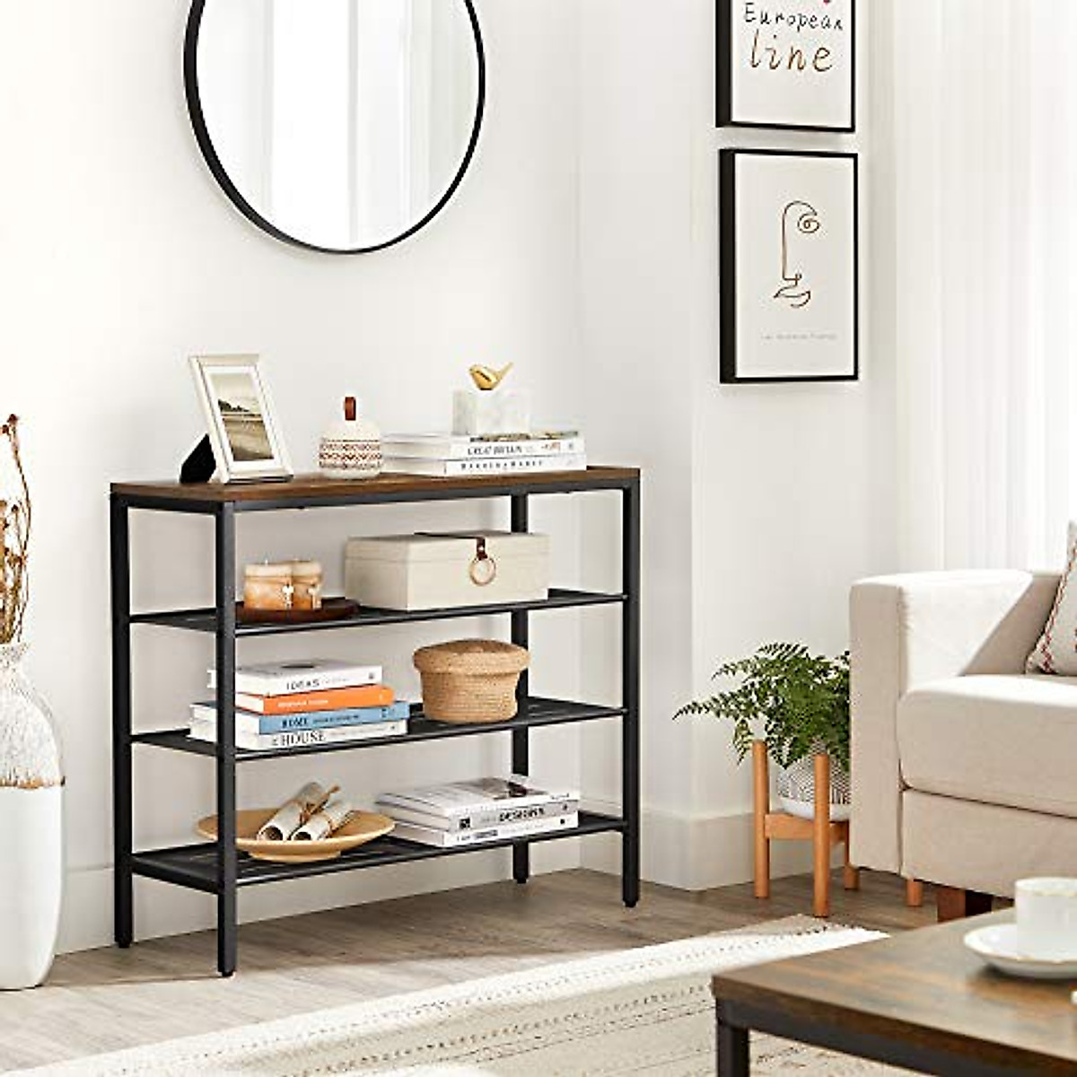 VASAGLE 4-Tier Shoe Rack, Freestanding Storage Organizer, Mesh Shelves, Space-Saving in the Entryway, Industrial, Rustic Brown + Black