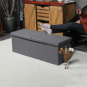 B FSOBEIIALEO Storage Ottoman with Filpping Lids, Ottoman Storage Bench Footrest Seat, Storage Chest Linen 43.3"x15"x15" (Grey)