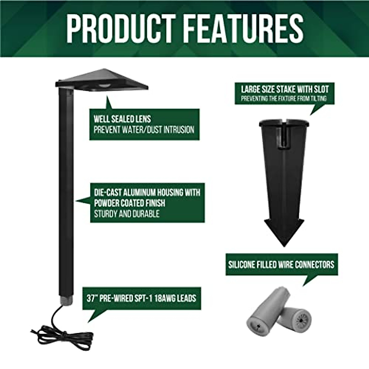 GKOLED 6 Pack Low Voltage LED Landscape Pathway Light, Outdoor Garden Yard Walkway Sidewalk Driveway Lighting, Waterproof Path Lights with Large Stake, 3W 3000K, Die-cast Aluminum Housing, Black