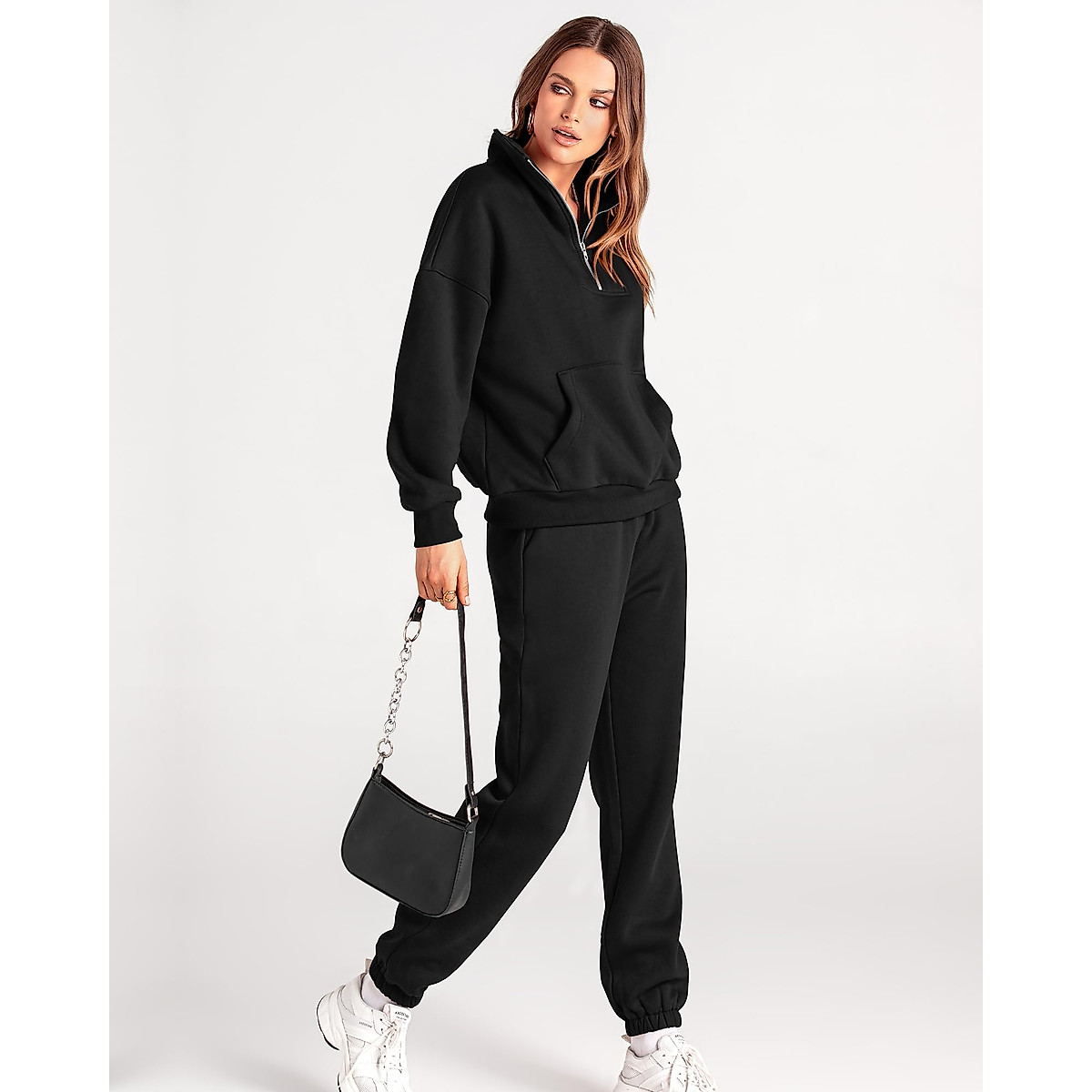 BTFBM Women 2 Piece Tracksuits Fall Winter 1/4 Zip Sweatshirt Jogger Pants Matching Lounge Sets Thick Sweatsuits Pockets(Solid Black, Large)
