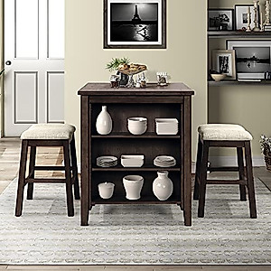 Bellemave 3 Piece Dining Table Set Counter Height Table Chair Set with 1 Table, 2 Padded Stools, Storage Shelf for Kitchen, Dining Room, Brown