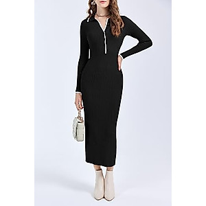 Langwyqu Womens Knit Long Sweater Dress Button V Neck Collared Long Sleeve Ribbed Bodycon Pullover 2024 Fall Maxi Dresses Black