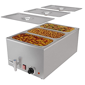 KoolMore Commercial Bain Marie Countertop Food Warmer, Soup Station, and Buffet Table Server with Three Serving Section and Tap, Stainless-Steel Steamer with Auto Shut Off (CFW-3T), Silver