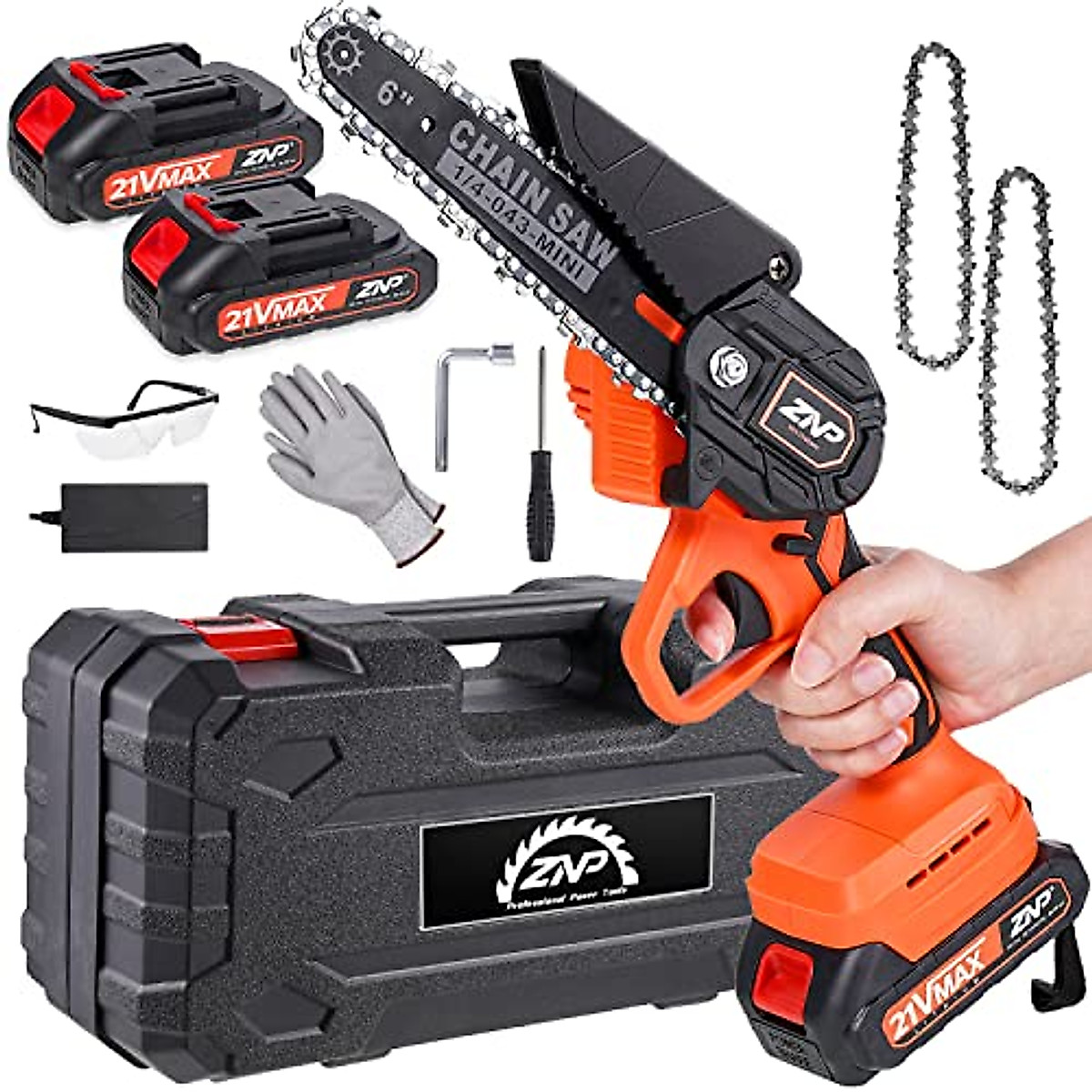 ZNP Mini Chainsaw, 6-Inch Brushless Cordless Chainsaw with 2 Battery, 21V Electric Chainsaw with Security Lock, Handheld Small Chain Saw for Tree Pruning, Gardening, Wood Cutting