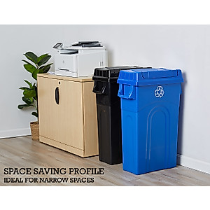 United Solutions 23 Gallon Highboy Plastic Recycling Bin Kitchen Trash Can with Lid, Pass Through Handles, and Dustpan Edge, Blue