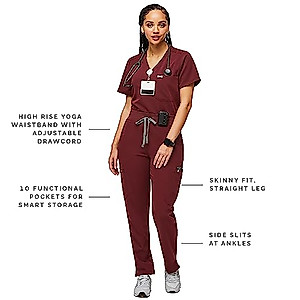 FIGS YOLA High Waisted Skinny Scrub Pants for Women - Burgundy, Regular XS