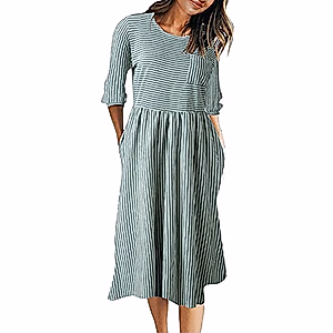 MEROKEETY Women's Short Sleeve Striped High Waist T Shirt Midi Dress with Pockets, Olive, Medium