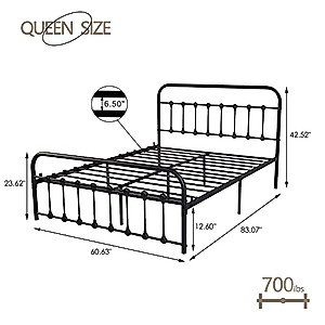 AUFANK Queen Metal Bed Frame with Headboard and Footboard Vintage Victorian Style Mattress Foundation Solid Sturdy Metal Slat No Box Spring Required Black