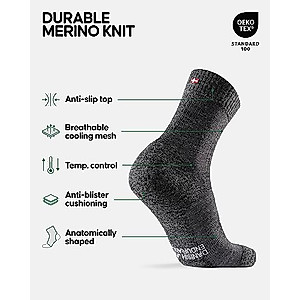 DANISH ENDURANCE Merino Wool Light Hiking Socks, Cushioned & Moisture Wicking Hiking Socks, Men, Women & Kids, 3 Pack