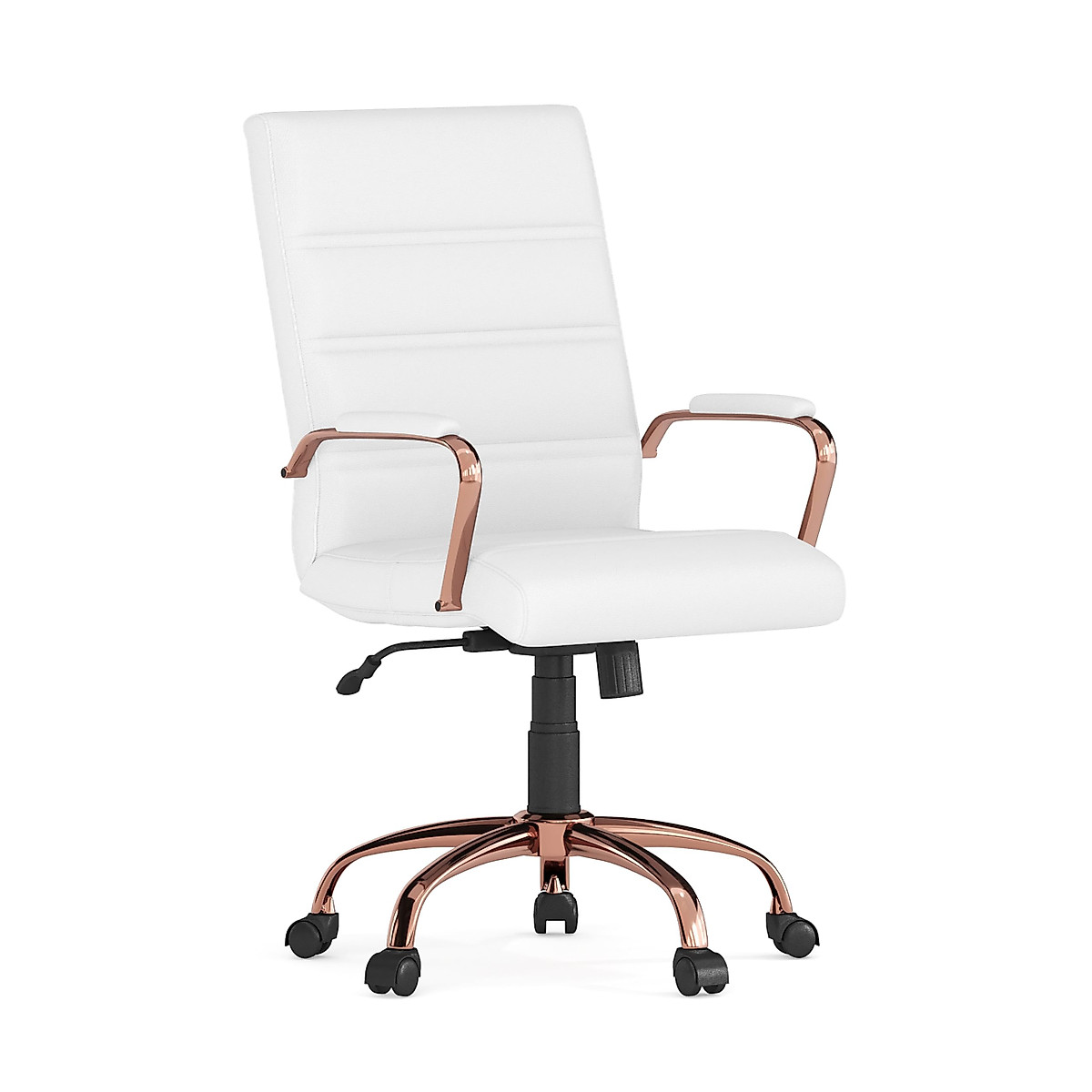 EMMA + OLIVER Mid-Back White LeatherSoft Executive Swivel Office Chair - Rose Gold Frame/Arms