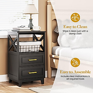 May in Color Nightstand Set of 2, Side Table with 2 Drawers and Open Shelf, Bedside Table with Solid Feet, Modern Night Stand End Table for Bedroom, Living Room, Home Office, Black