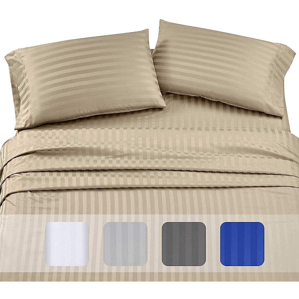 Bed Sheet Set of 5PCs, Taupe Stripe,King Size, 1 Fitted Sheet (15"-16") Deep Pocket, 1 Flat Sheet, 1 Duvet Cover with Zipper and 2 Pillowcases, Pure Egyptian Cotton, 400 Thread Count.