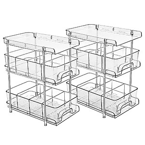 Hsuner 2 Set 3 Tier Clear Under the Sink Organizer Bathroom with Dual Pull-Out Drawers 12 Dividers, Multi-Purpose Storage for Kitchen Pantry, Vanity Skincare and Snacks, Medicine Cabinet Organizer