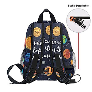 Pfrewn Cute Solar System Space Toddler Backpacks for Kids Never Stop Dreaming Preschool Schoolbag Backpack for Boys Mini Kindergarten Nursery Bag with Chest Strap