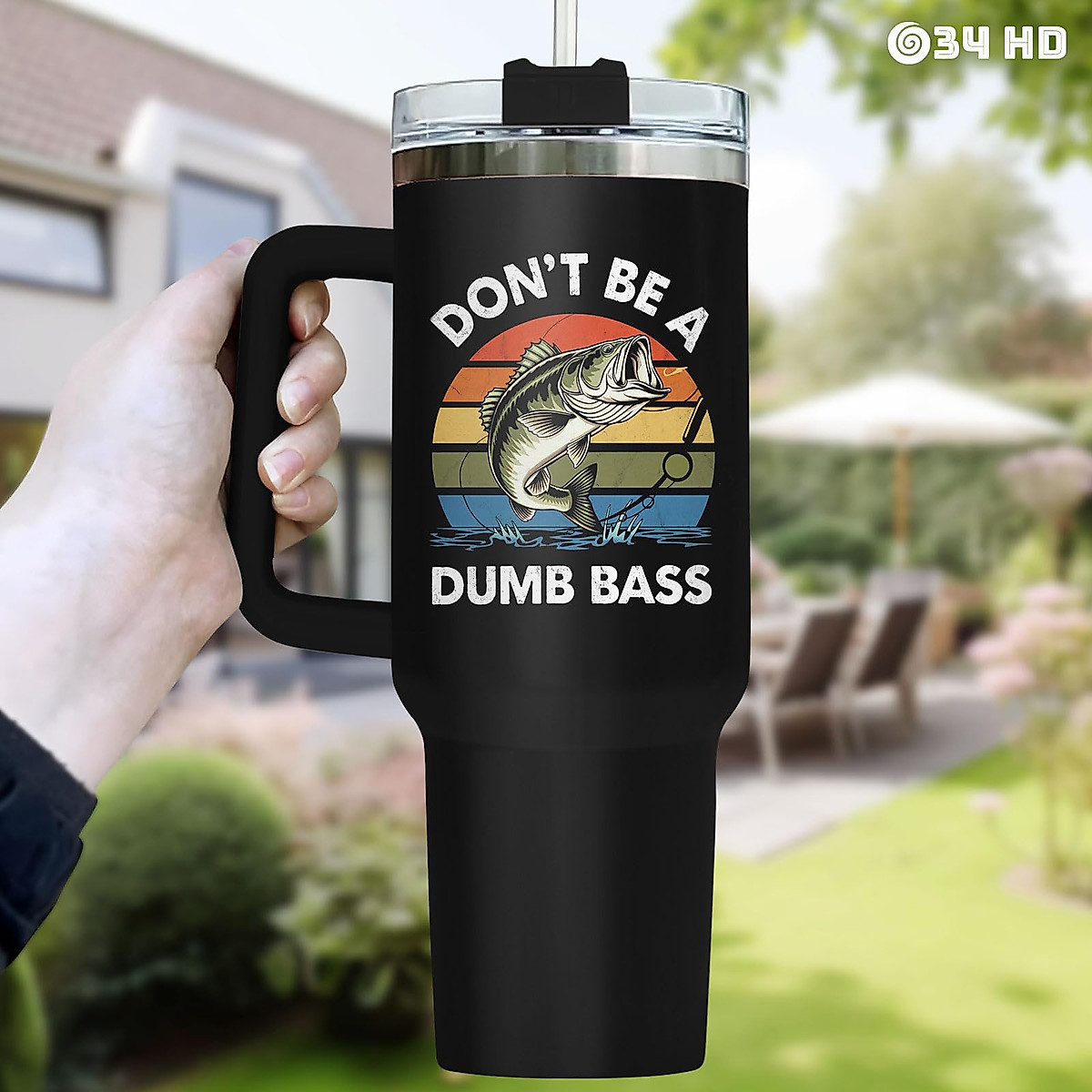 34HD Bass Fishing Tumbler with Lid and Straw, 40oz Bass Fish Cup for Dad Grandpa Uncle, Men Vacuum Insulated Mug, Fishing Gifts for Birthday Fathers Day Anniversary