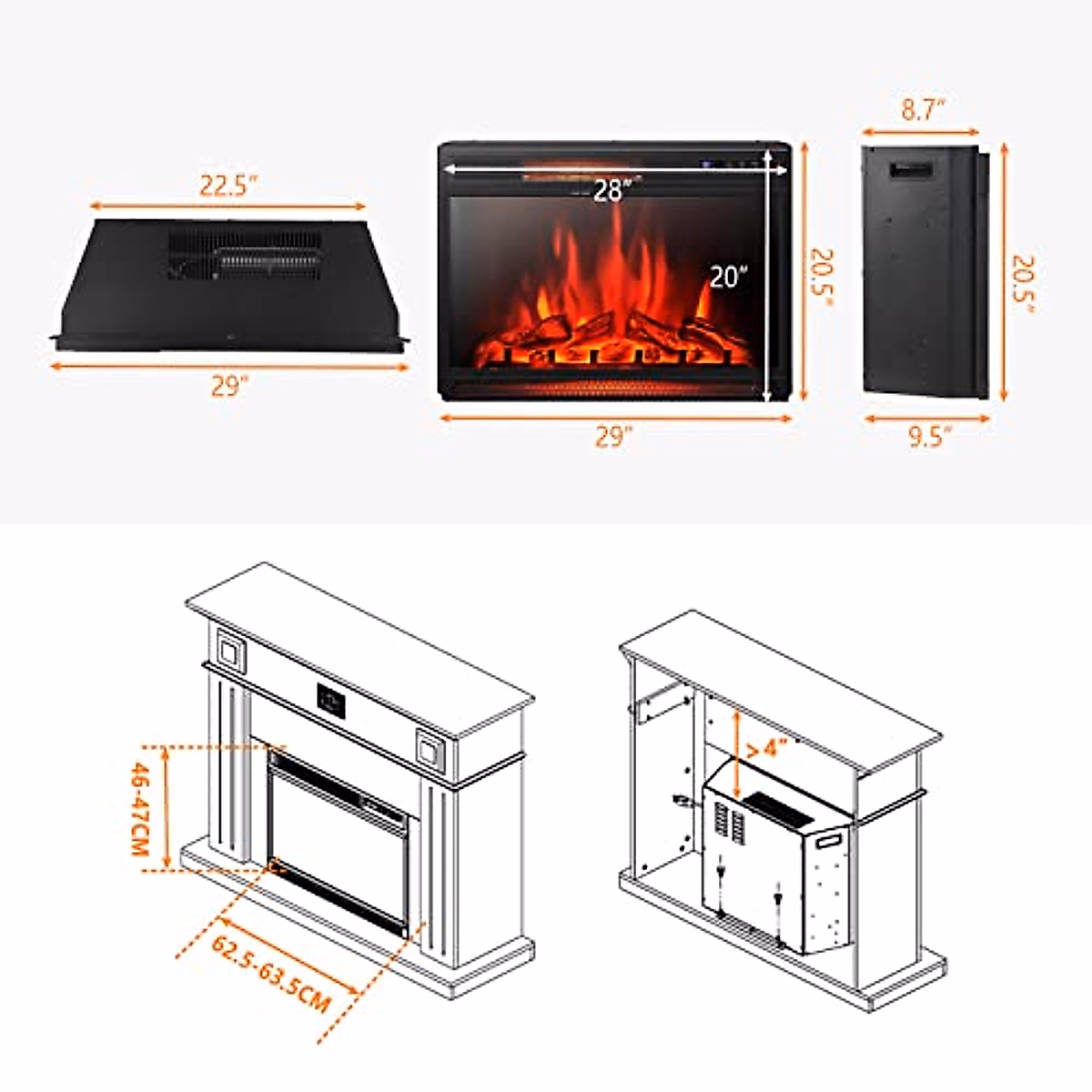 28 Inch Electric Fireplace with LED Realistic Flame Effect, Small Fireplace Insert with Remote 0.5H to 6H Timer Safety Overheat Protection, Fireplace Heater for Living Room Home Office, 1350W/900W