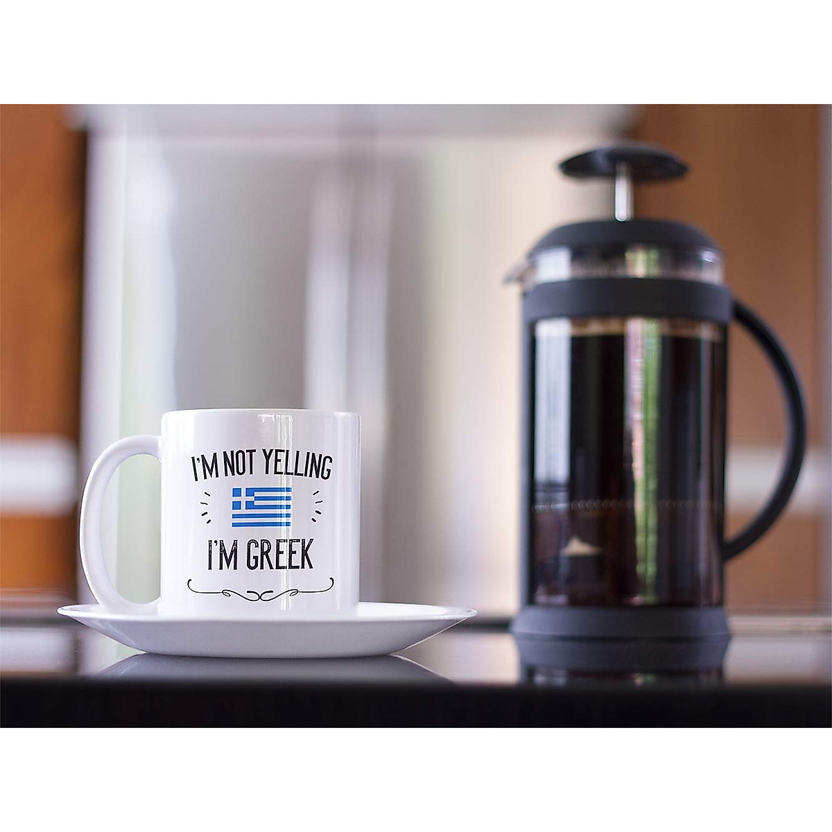 Funny Greek Souvenirs and Gifts. I'm Not Yelling I'm Greek11 oz Coffee Mug. Gift Idea for Men and Women From Greece Featuring the Country Flag. (White)