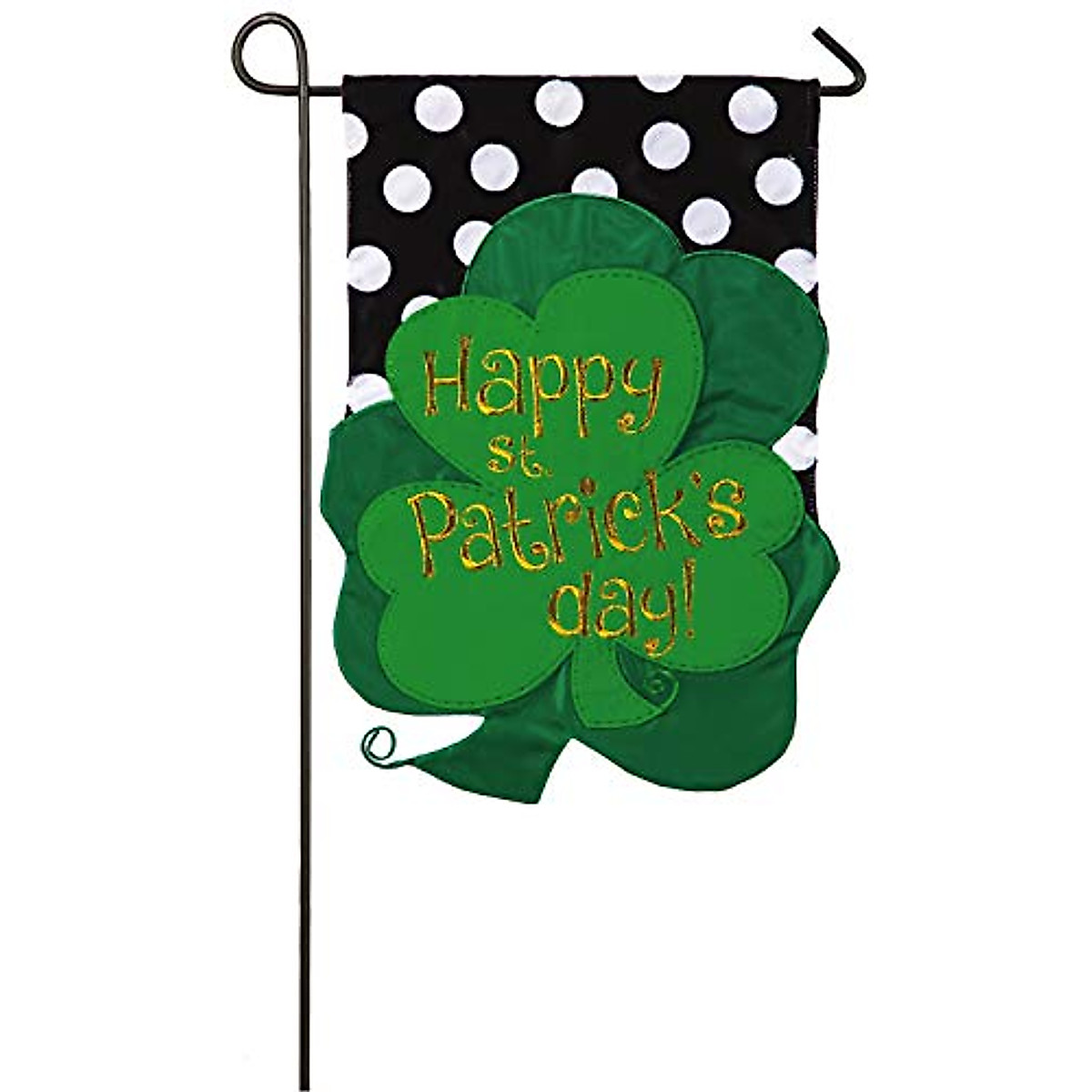 Evergreen Happy St Patrick's Day Garden Size Flag | Double Sided & 3D Applique Stitching Burlap |Green | 18-in x 12.5-in | Polka Dot Irish Clover | Outdoor Home Décor Lawn Yard Patio Deck Porch