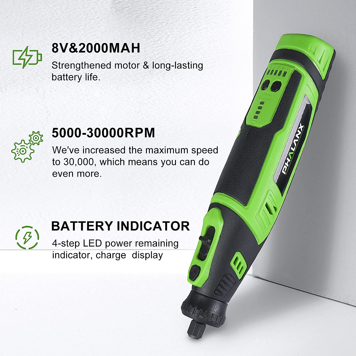 PHALANX 8V Cordless Rotary Tool Kit, 2.0 Ah Battery Rechargeable Rotary Tool with 73pcs Accessories, 5-Speed LED Light, Idea for Sanding, Carving, Polishing, Engraving, Wood Carving, Pet Grooming