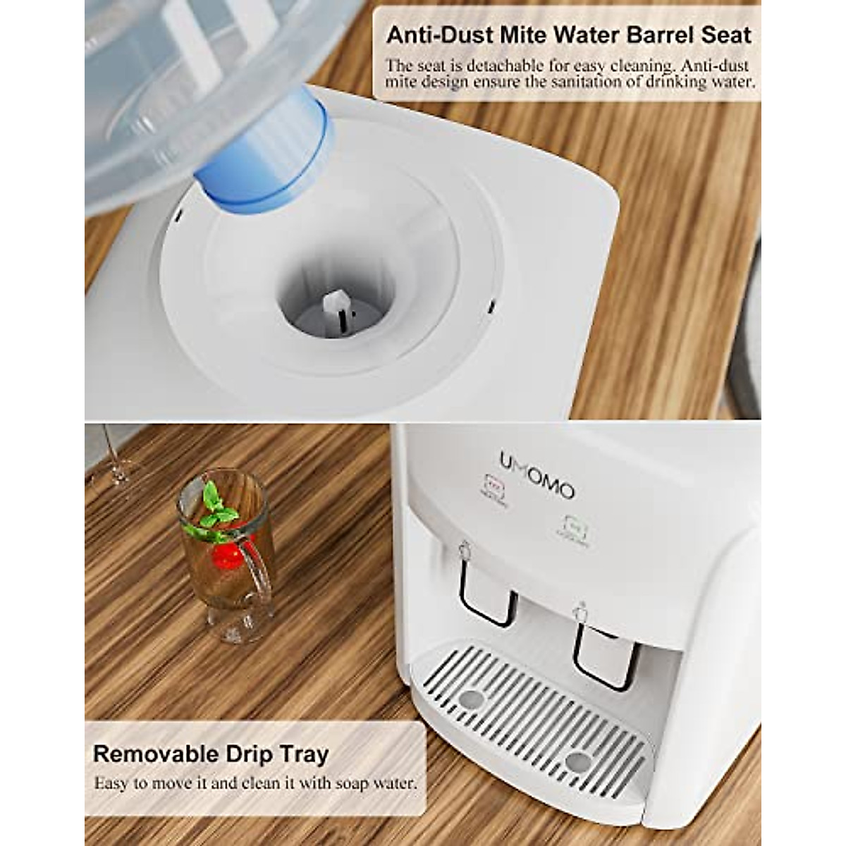 UMOMO Top Loading Water Cooler Dispenser, Countertop Water Cooler Dispenser, Holds 3 or 5 Gallon Bottle, Hot & Cold Water, for Home and Office Use, White(Water Bottle NOT Included)