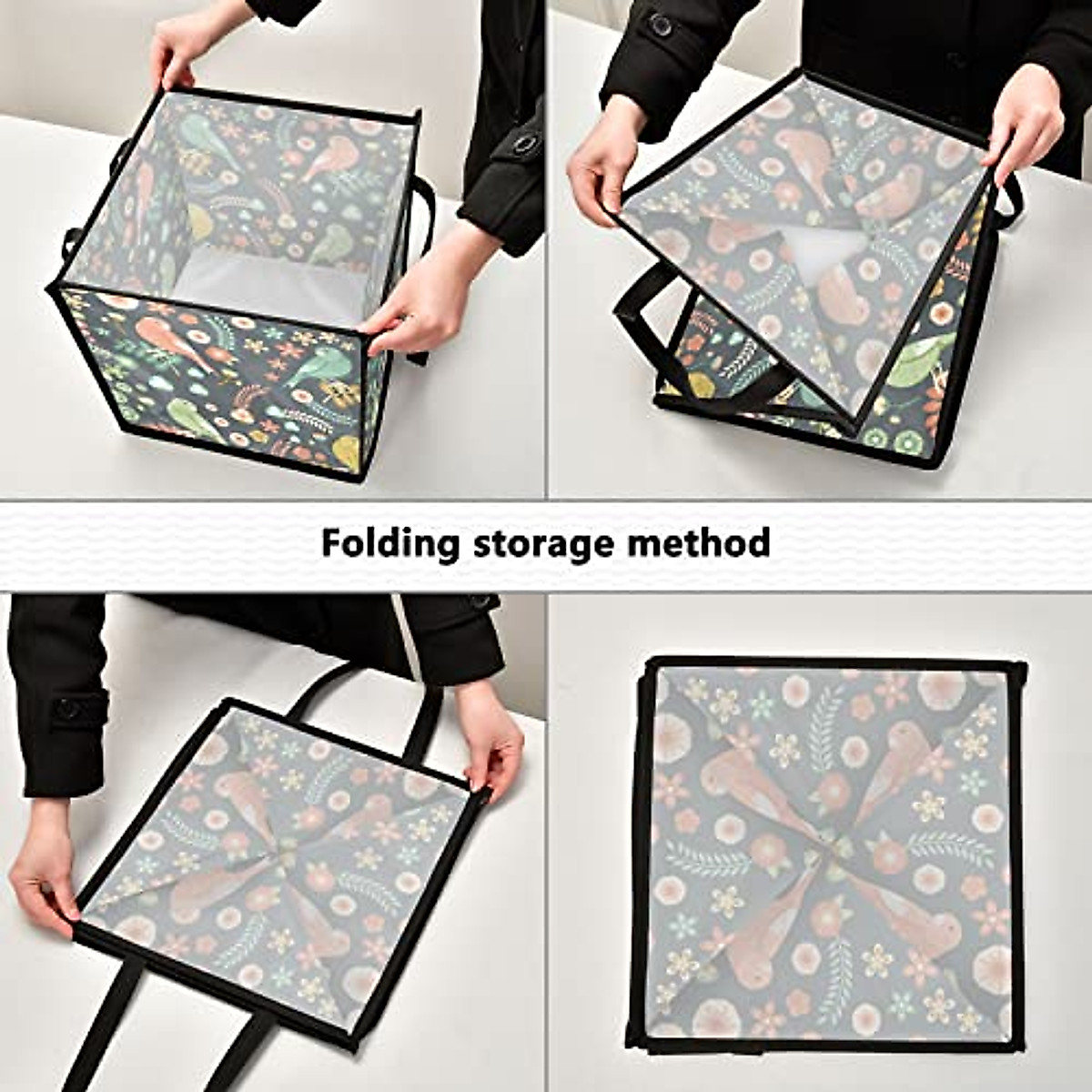 Kigai Retro Flowers Birds Cube Storage Bins, 13x13x13inch Collapsible Fabric Storage Cubes Organizer with Handles Decorative Storage Baskets for Home, Shelf, Closet