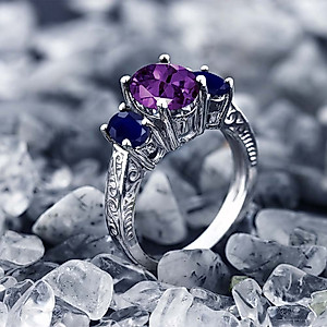 Gem Stone King 925 Sterling Silver Purple Amethyst and Blue Sapphire 3-Stone Ring For Women (2.76 Cttw, Gemstone Birthstone Available 5,6,7,8,9) (Size 7)