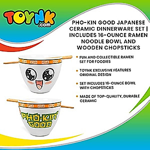 Boom Trendz Bowl Bop Pho-Kin Good Japanese Ceramic Dinnerware Set | Includes 16-Ounce Ramen Noodle and Wooden Chopsticks Asian Food Dish For Home & Kitchen Kawaii Anime Gifts,Snack Collectible Orange