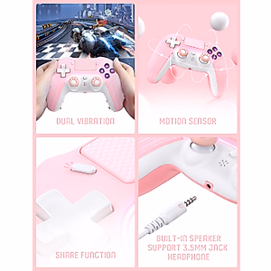 PHNIXGAM Pink Wireless Controller Compatible with Ps4/Ps4 Pro/Ps4 Slim/PC/iOS 13.4 Above/Android 10, Gaming Controller with Touchpad, Motion Sensor, Speaker, Headphone Jack, LED and Back Button