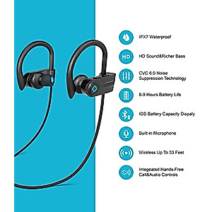 Lace velocity Audio Bluetooth Headphones, Wireless Sports Earbuds w/Mic Ipx7 Waterproof HD Stereo Heavy Bass Noise Cancelling 8 Hour Battery Headsets, Black