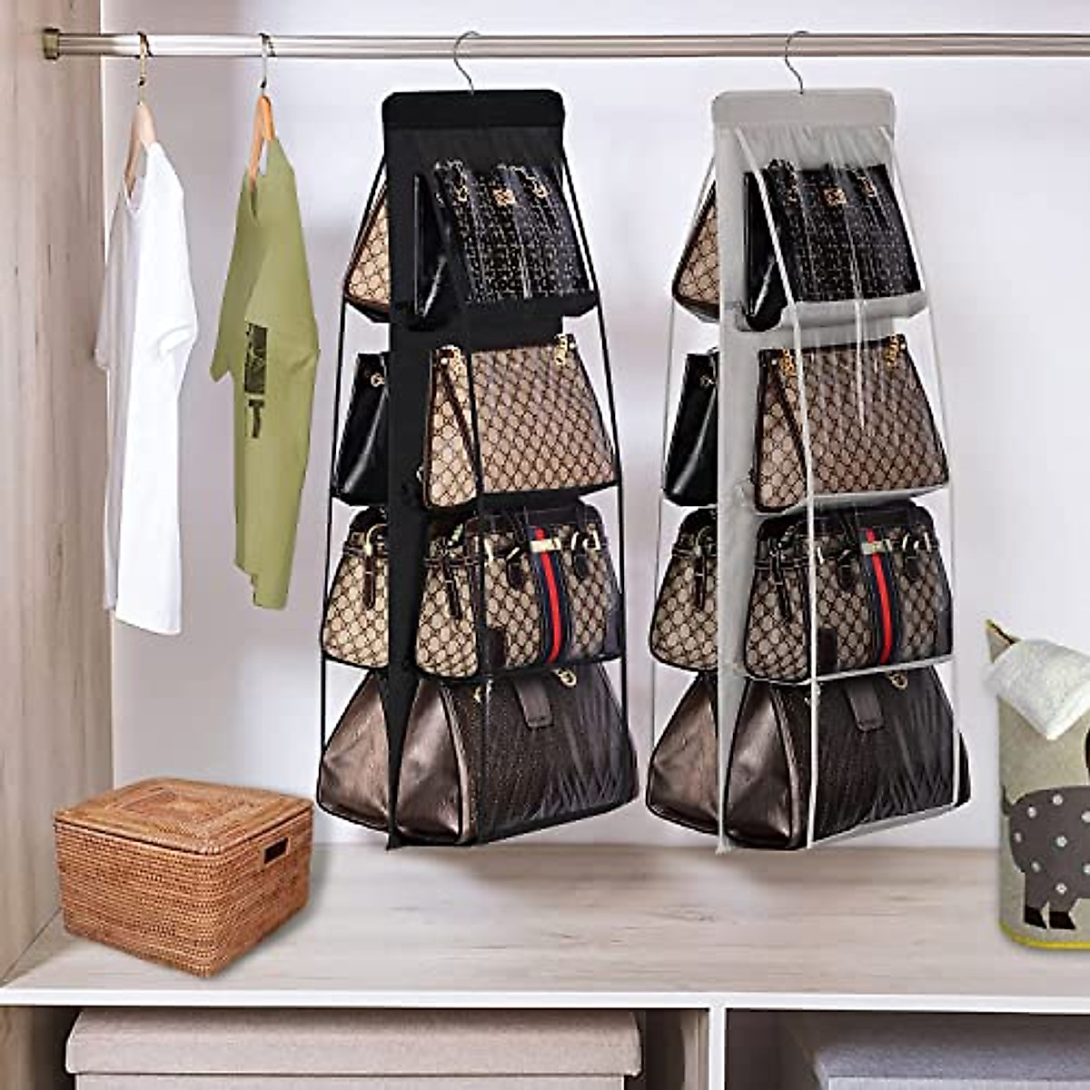 Lirex Handbag Hanging Purse Organizer for Closet, 8 Pocket Handbag Storage Organizer Hanger Oxford Cloth Closet Organizer for Family Closet Bedroom, Foldable and Universal Fit, Dark Grey