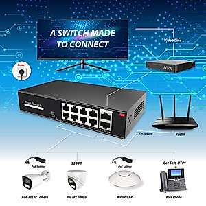 8 Port PoE Switch with 2 Uplink, 802.3af/at PoE+ 100Mbps, 100W Built-in Power, Extend to 250 Meter, Metal Plug & Play, Unmanaged POE Switch