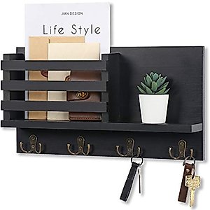 Nekon Mail Holder for Wall – Rustic Mail Organizer with Key Hooks for Hallway Kitchen Farmhouse Decor – Letter Sorter Made of Paulownia Wood with Floating Shelf, (16.5” x 9.1” x 3.4”)
