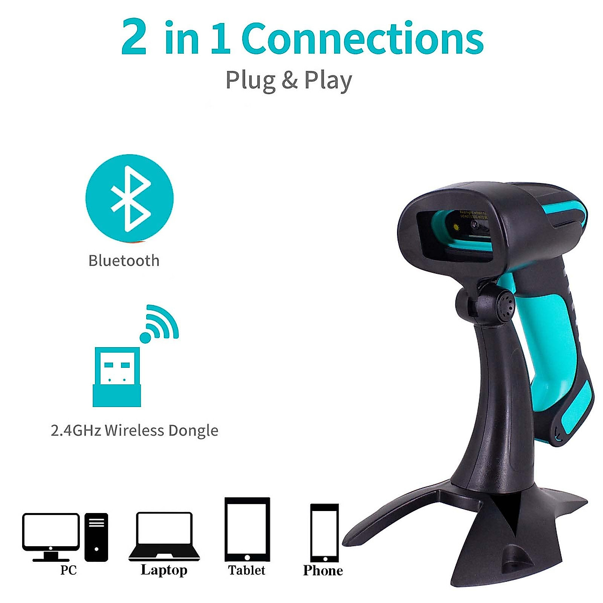 Alacrity 2D 1D QR Industrial Barcode Scanner with Stand, Bluetooth 2.4GHz Wireless 2 in 1, Shock Dust Proof, Hands Free Barcode Reader, Blue