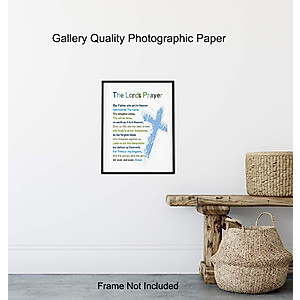 Lords Prayer Bible Verse Wall Art - Religious Scripture Boys Room Decor - Christian Gifts for Toddler or Baby Boys Bedroom, Son - Blessed Church Sunday School Kids Decorations - Cross Picture Poster