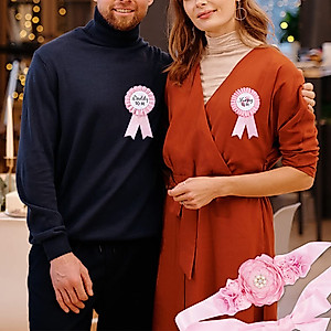 Pink Baby Shower Sash and Pin, Maternity Sash and Mommy Daddy Corsage Set Girl, Pearls Flowers Pregnant Sash Belt, Mom and Dad to be Badge Tinplate for Gender Reveal Party