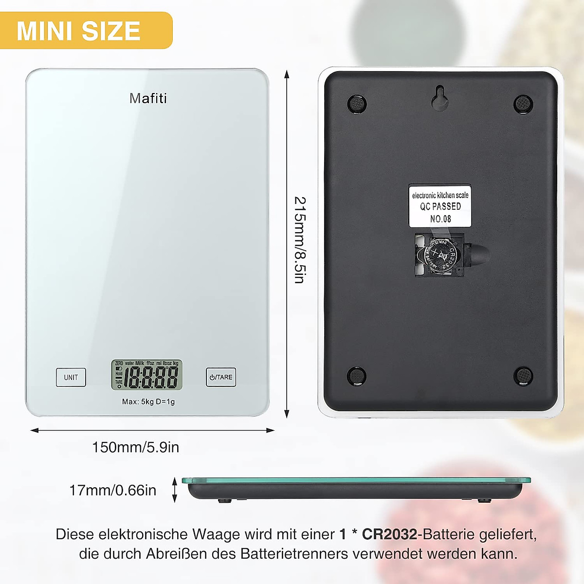 Kitchen Scale, Mafiti Digital Kitchen Scales 11lb/5kgX1g, Multifunction Measures in Kg, g, lb and OZ Digital Kitchen Weight for Food, Cooking and Baking，LCD Display（Silver）