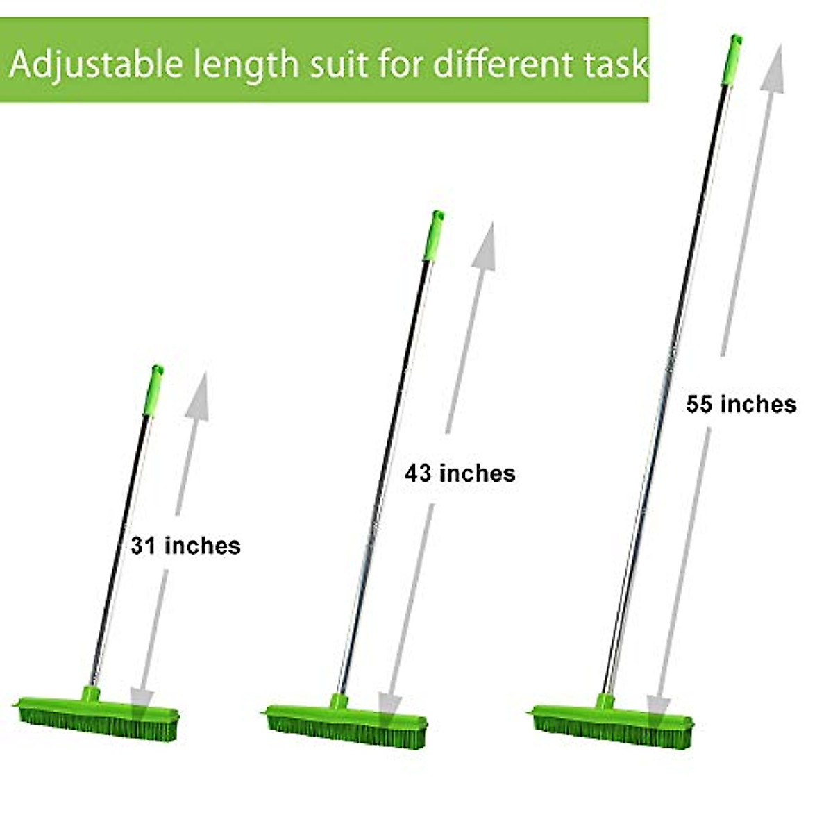 Long Handled Carpet Rubber Broom Soft Bristles and Squeegee Edge Sweeper Push Broom Indoor, Green