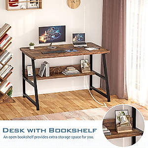 Topfurny Computer Desk 32 Inch Modern Sturdy Writing Desk with Bookshelf Study Table Desk with Metal Legs Industrial Table for Home Office for Small Space, Rustic Brown