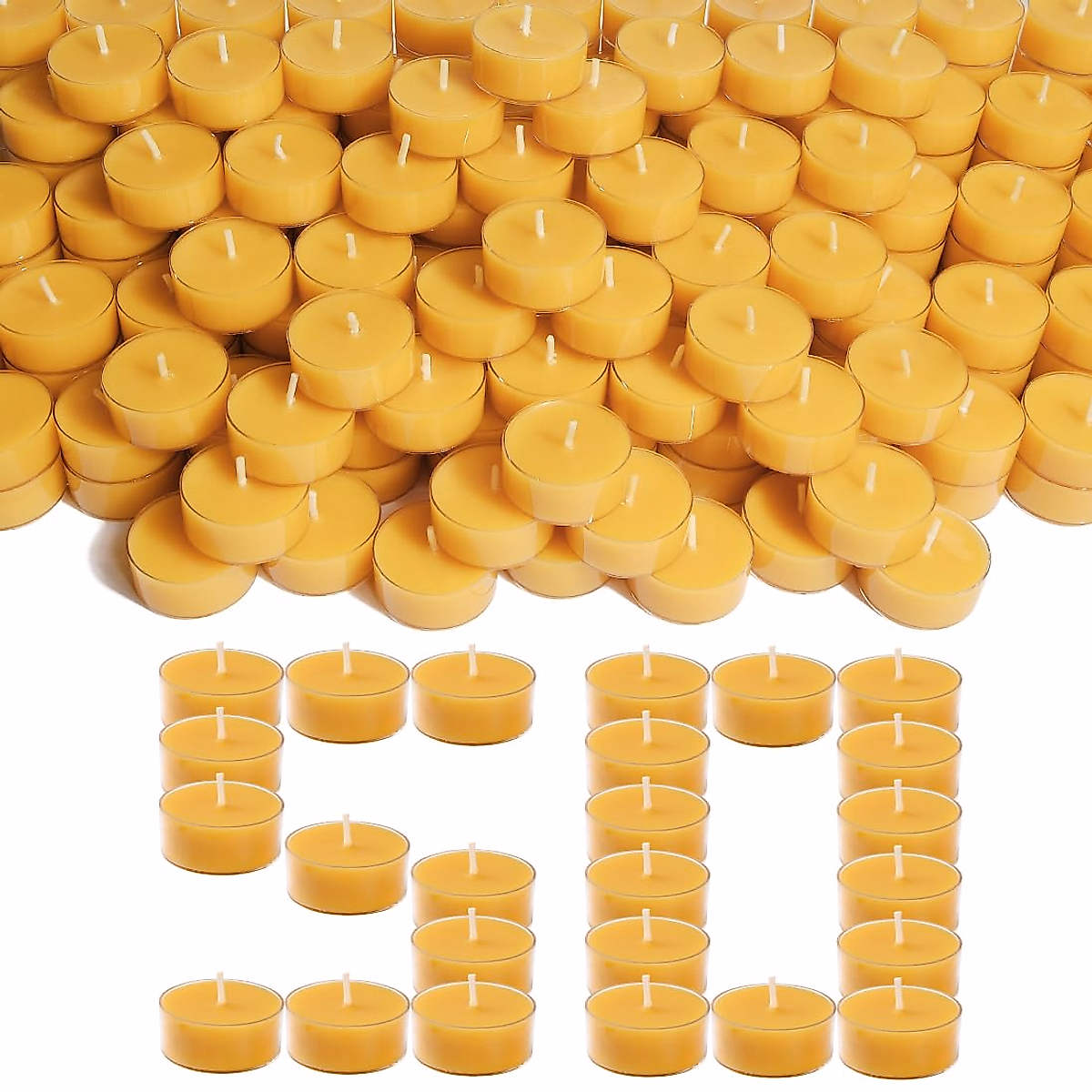 Pure Beeswax Tealight Candles | 50 Pack Natural Unscented Beeswax Candles, Long Burning 4+ Hours Clean Burning, Yellow
