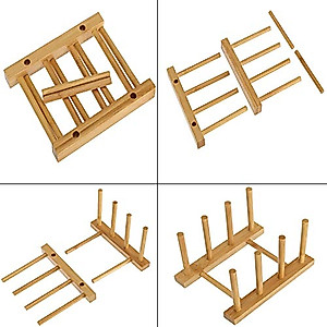 Lawei Set of 6 Bamboo Dish Rack - 3/6/8 Slots Wooden Plate Rack Stand Pot Lid Holder Dish Drying Rack for Dish, Bowl, Cup, Cutting Board and More