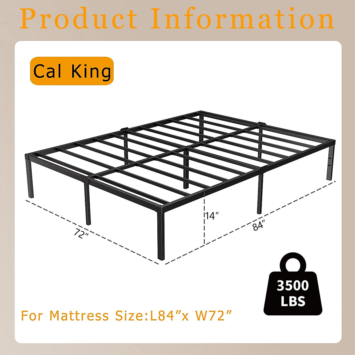Kilyssa 14 Inch California King Bed Frames Heavy Duty Metal Platform Beds Frame No Box Spring Needed Steel Slats 3500lbs Bed Base Cal King Size,Noise-Free,Easy Assembly