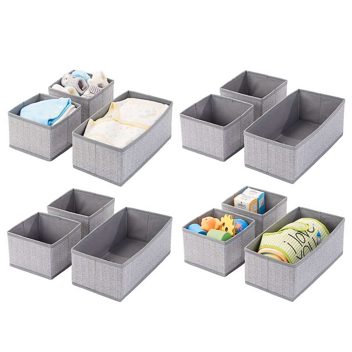 mDesign Fabric Drawer Divider Organizer Bin, Nursery/Bedroom Dresser, Closet, Shelf, Playroom Organization, Hold Clothes, Toys, Diapers, Bibs, Lido Collection, Set of 3, 4 Pack, Gray Herringbone
