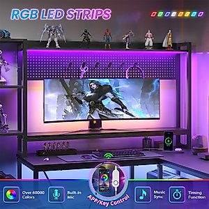 L Shaped Gaming Desk with Shelves, Reversible Computer Desk with Power Outlets LED Light, Home Office Desk with Monitor Stand Storage Racks 2 Drawers 5 Shelves Pegboard 8 Hooks Mouse Pad(Black)